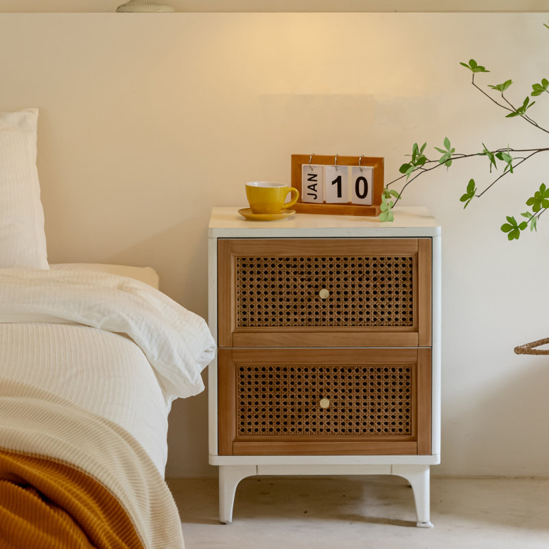 Aril 2 Drawer Woven Cane Front Accent Nightstand with Brass Knobs White Brown